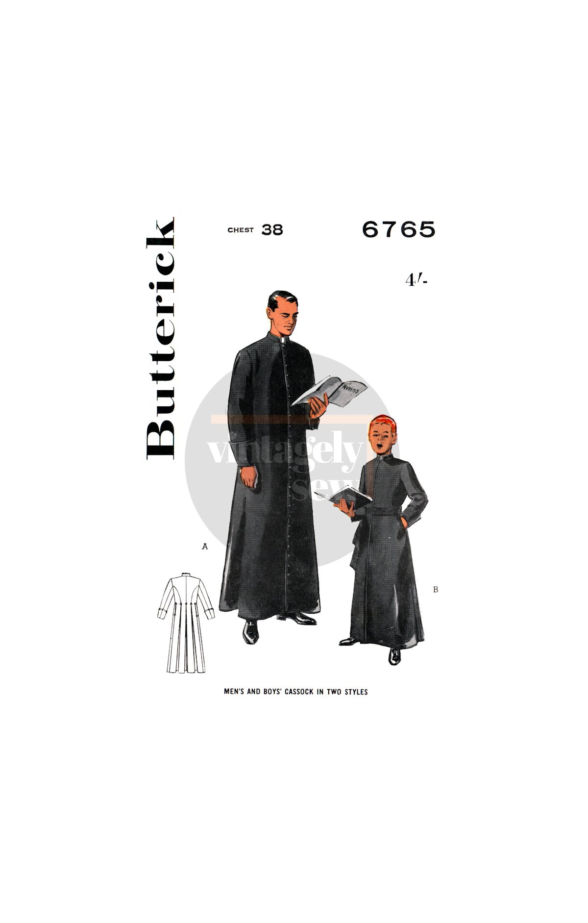 50s Men's or Boy's Cassock in Two Styles, Various Sizes, Butterick 6765 ...