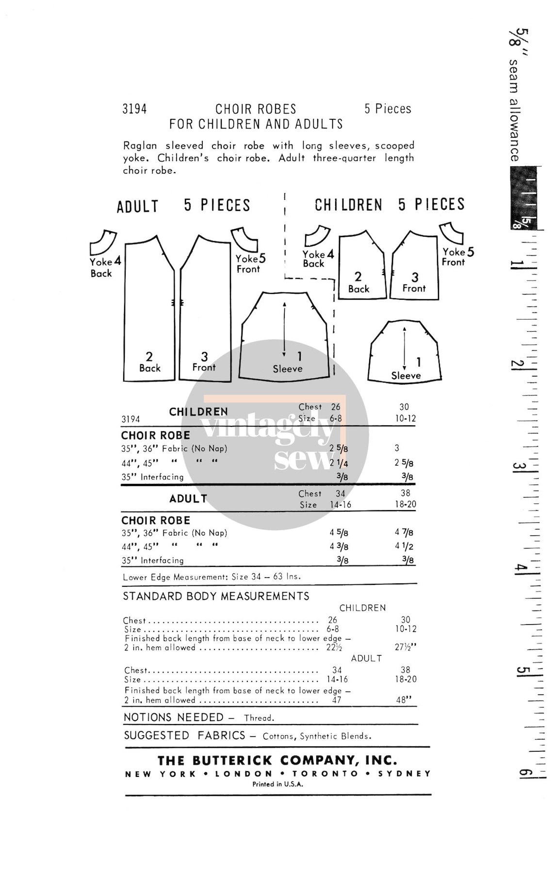 50s Unisex Adult or Child Choir Robes, Various Sizes, Butterick 3194 ...