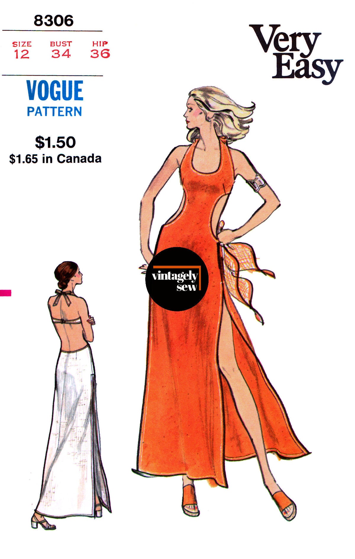 70s Sexy Side Cutout U-neck Halter Dress With High Thigh Split, Bust 32 ...