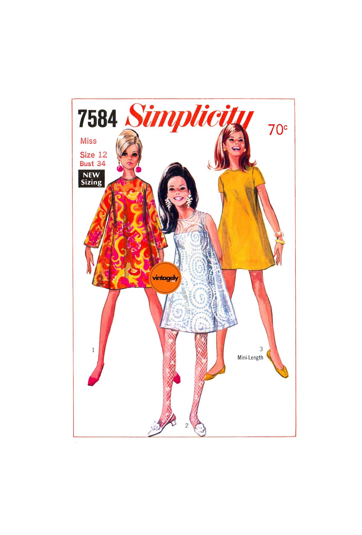 60s Tent Dress in Two Lengths and Slip, Bust 34 (87 Cm), Simplicity ...