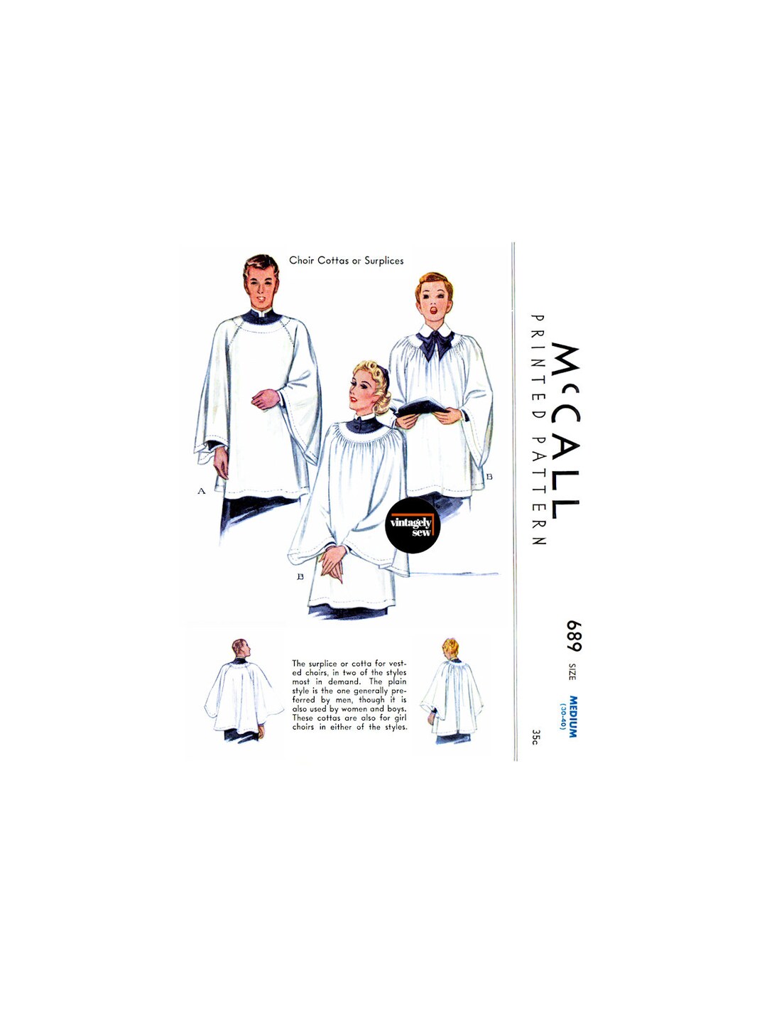 30s Unisex Religious Surplice or Choir Cotta, Size 30-40, Mccall 689 ...