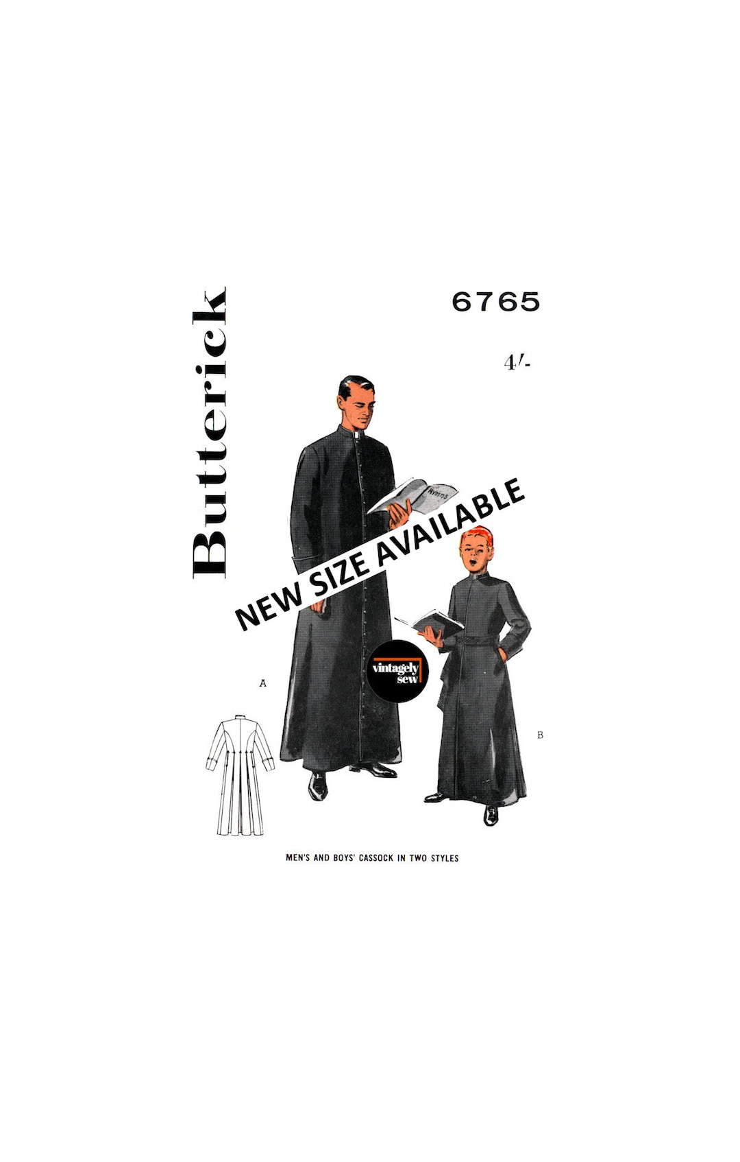 50s Men's or Boy's Cassock in Two Styles, Various Sizes, Butterick 6765 ...