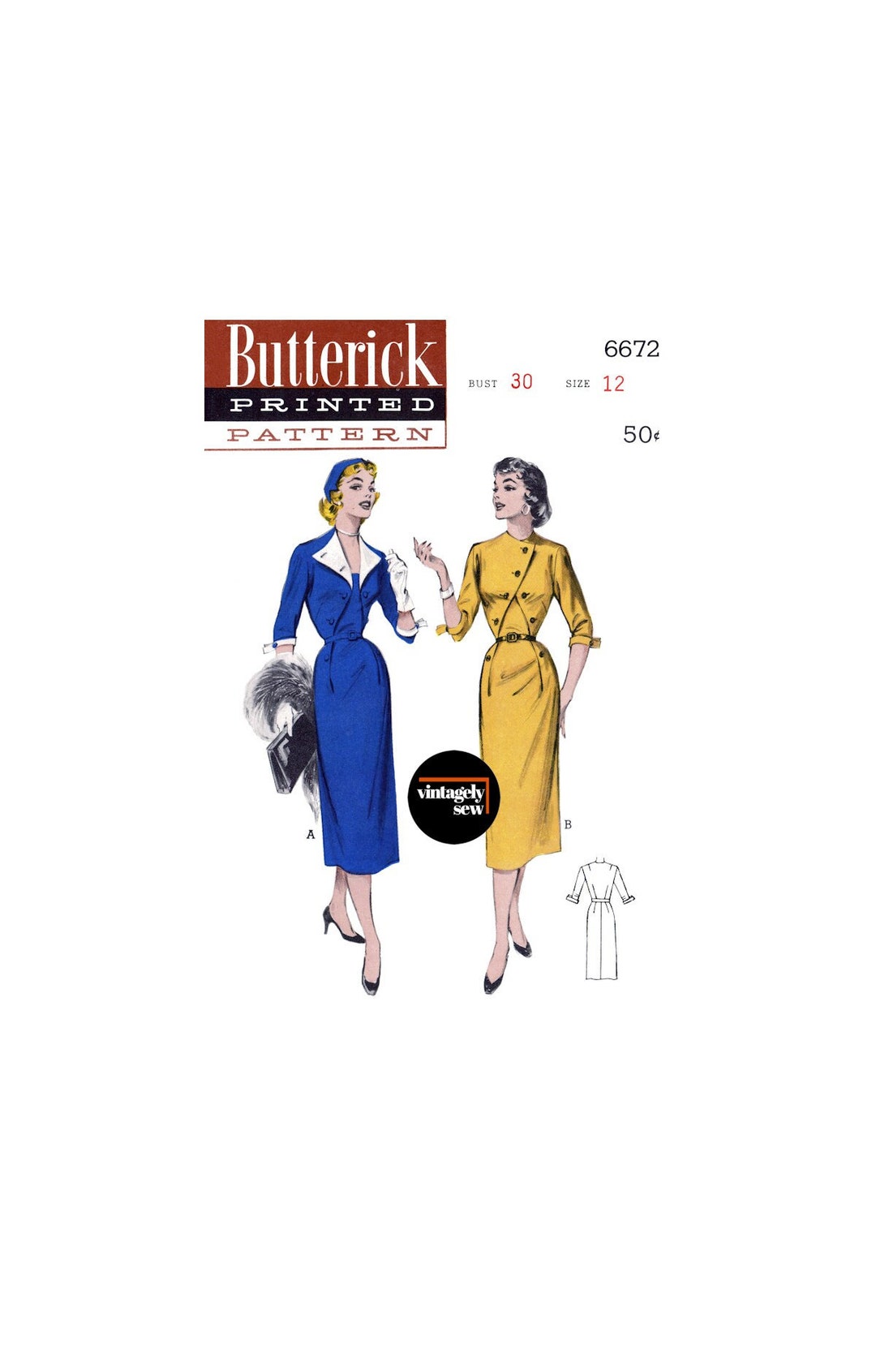 50s Slim Dress With Convertible Neckline, Bust 30 (76.5 Cm), Butterick ...