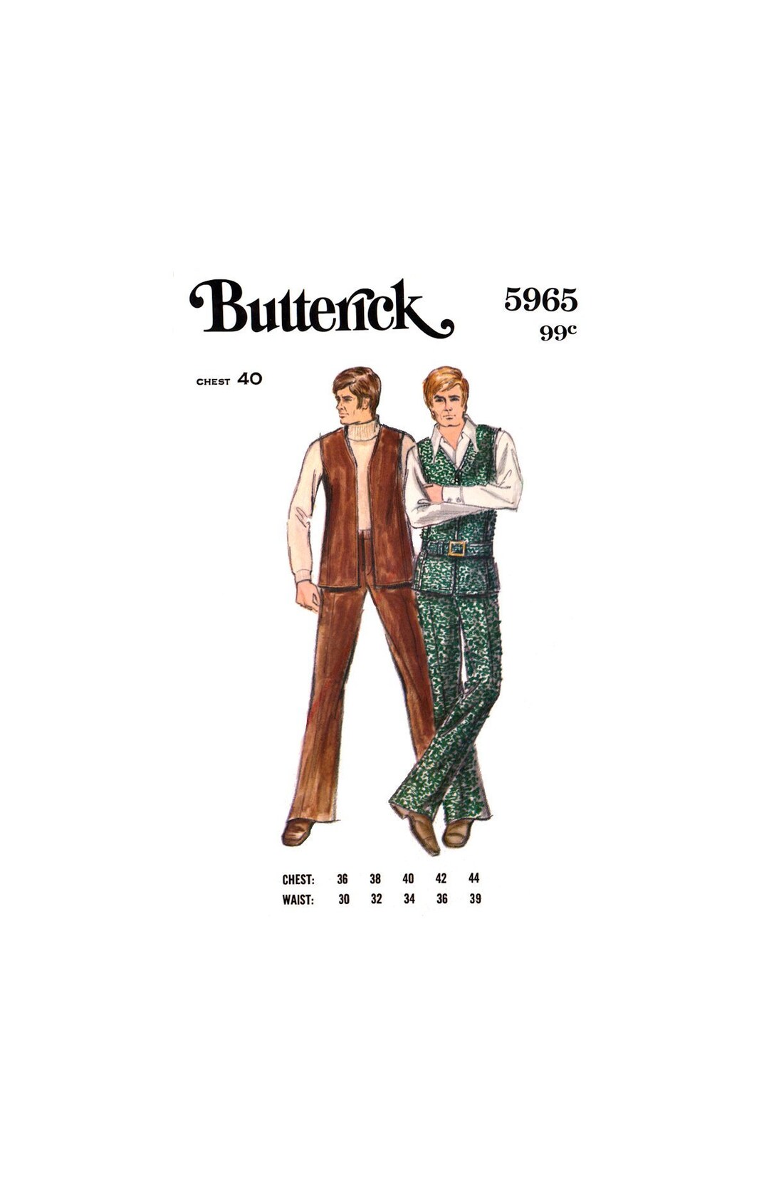 70s Men's Fitted V-neck Vest, Belt and Straight Leg Pants Chest 40 ...