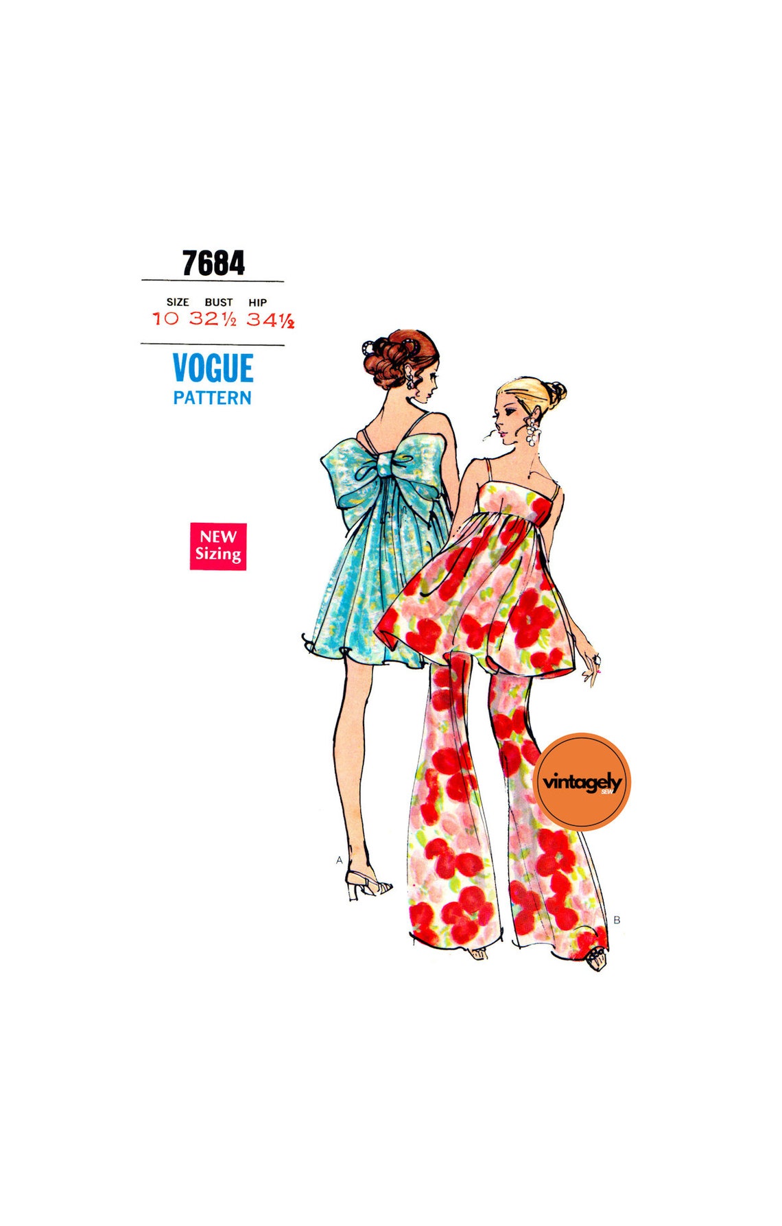70s Empire Dress in Two Lengths and Flared Pants, Bust 32.5 (83 Cm ...