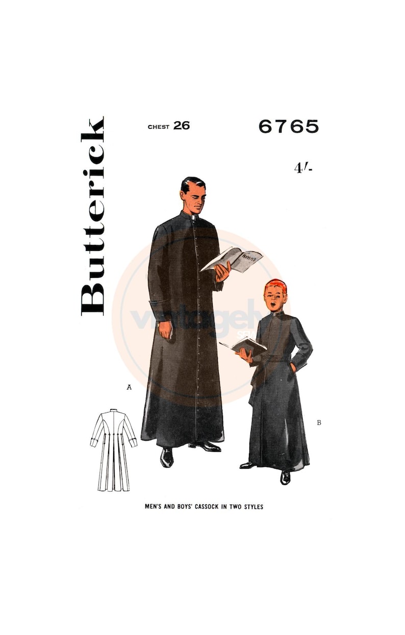 50s Men's or Boy's Cassock in Two Styles, Various Sizes, Butterick 6765 ...