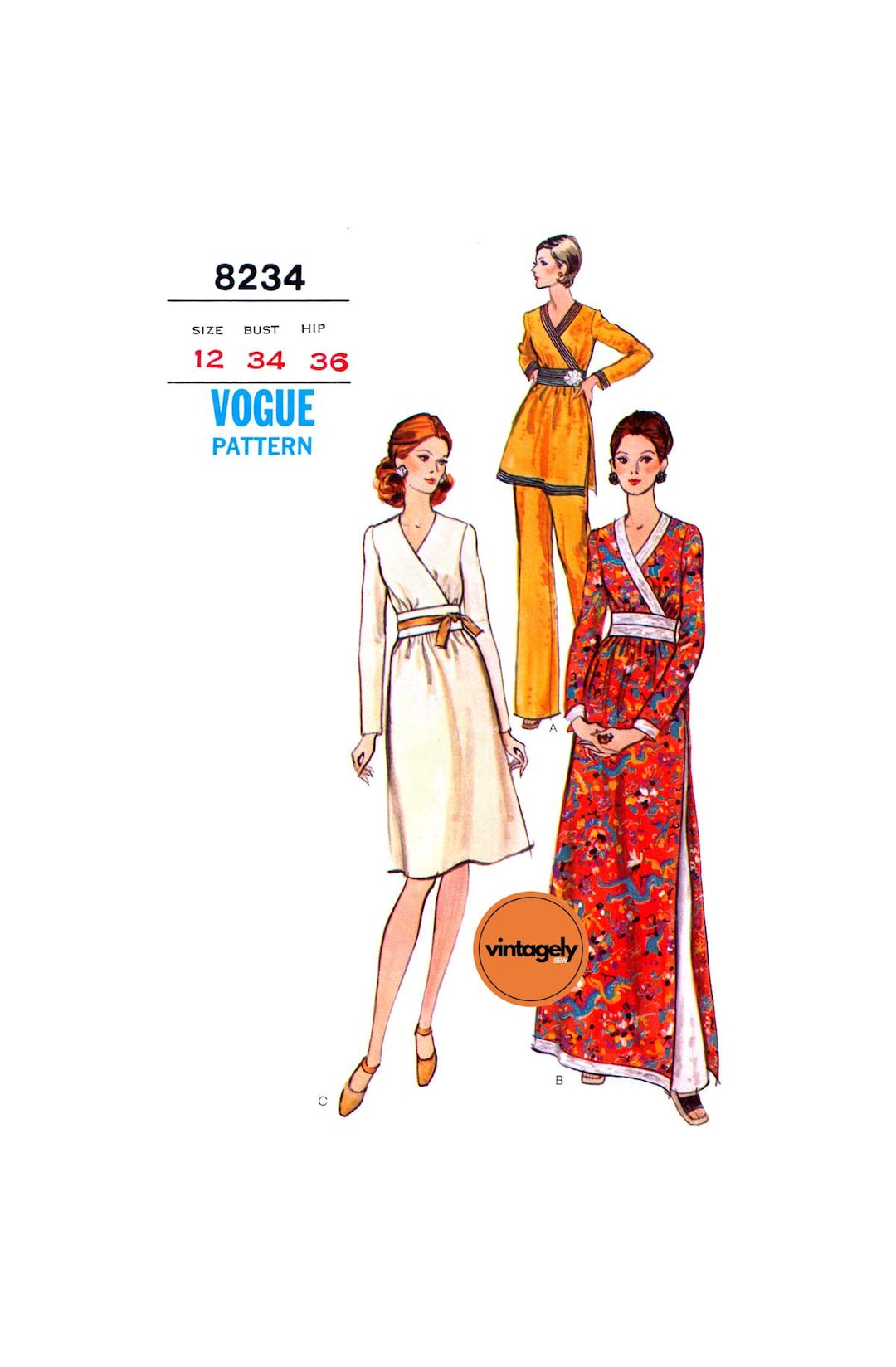 70s Surplice Neckline Dress in Two Lengths or Tunic and Pants, Bust 34 ...