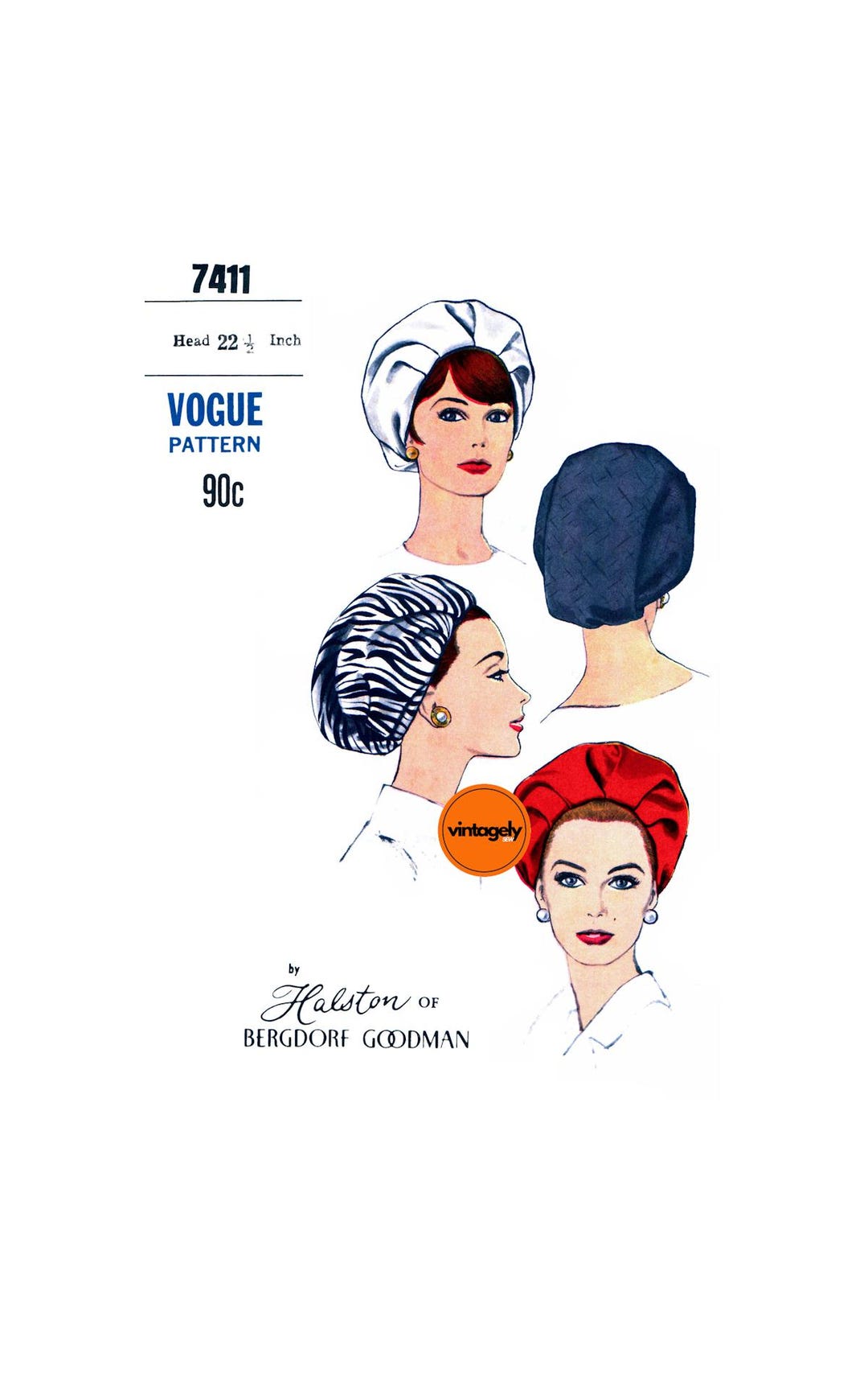 60s Draped Hat on Foundation by Halston, Head Size 22.5 (57.2 Cm ...