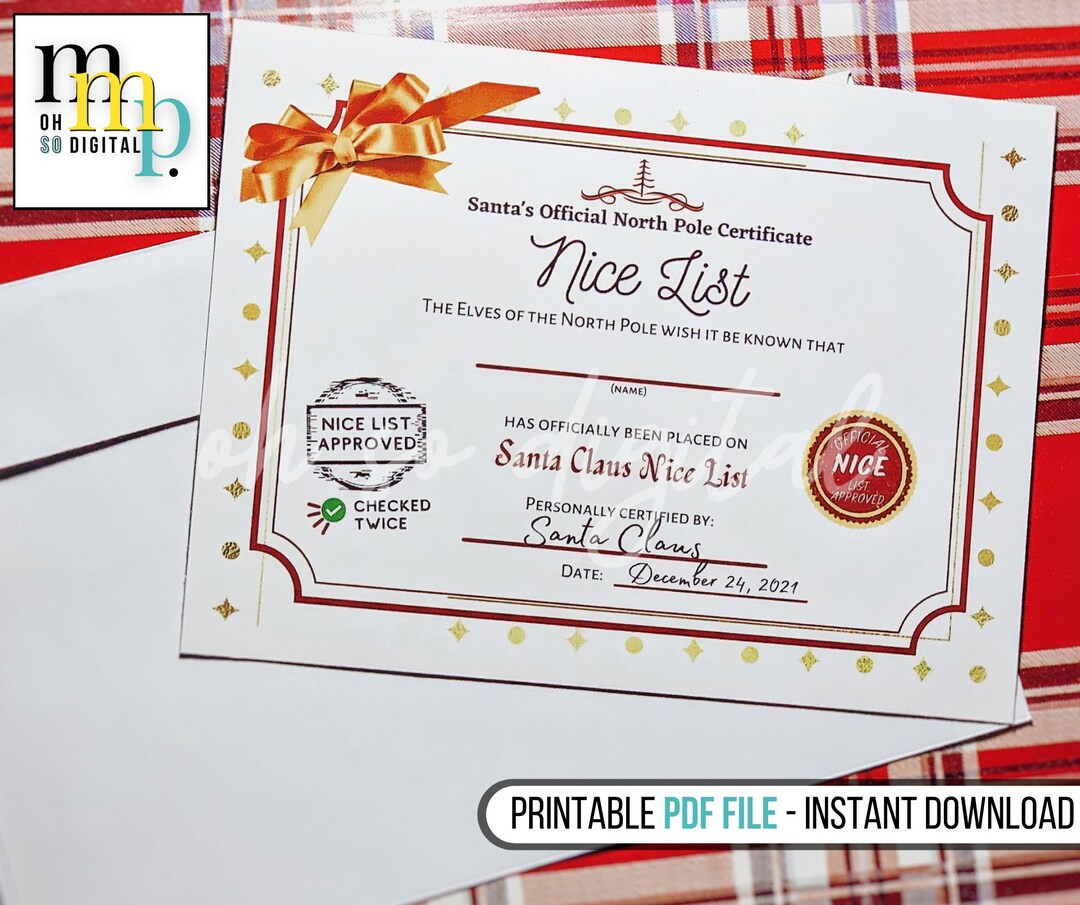 Printable Nice List Certificate From Santa for Kids, Santa's Official ...