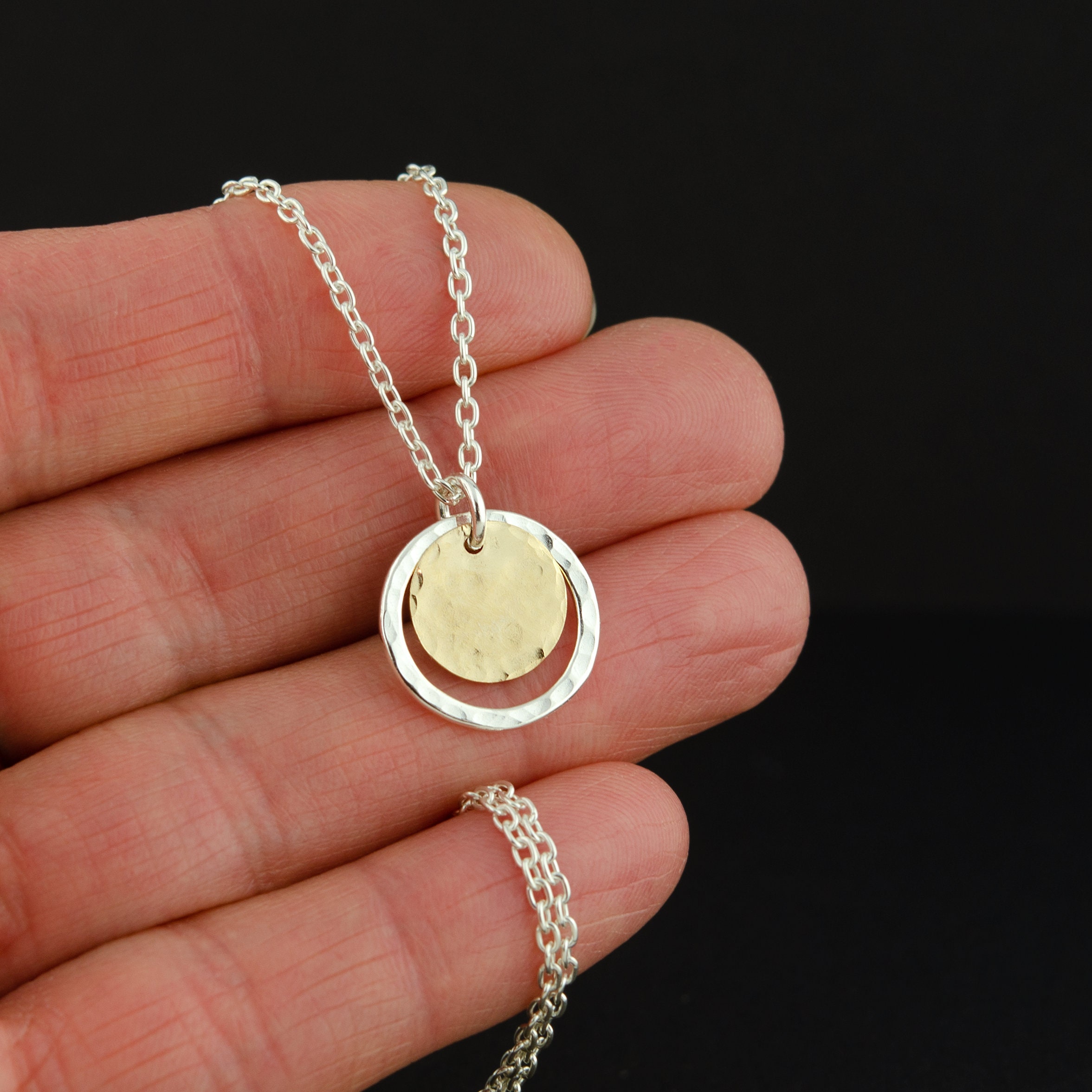 Two Tone Hammered Circle Necklace, Sterling Silver & 14K Gold Filled ...