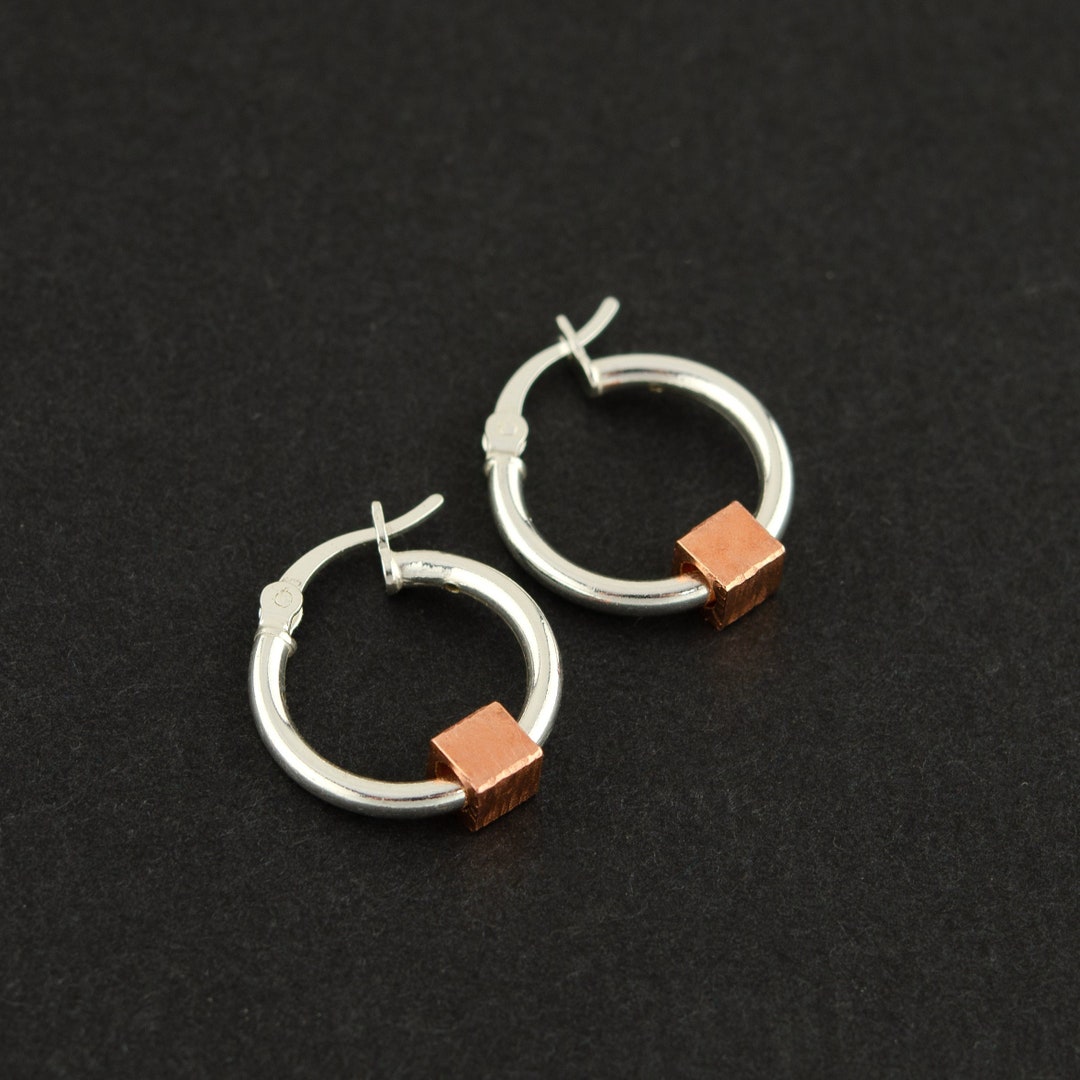 Two Tone Silver Latch Back Hoops Cube Charm Hoop Earrings Mixed Metal ...