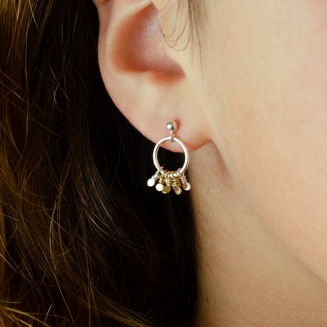 Two Tone Tassel Stud Earrings, Small Circle Earrings, Sterling Silver ...