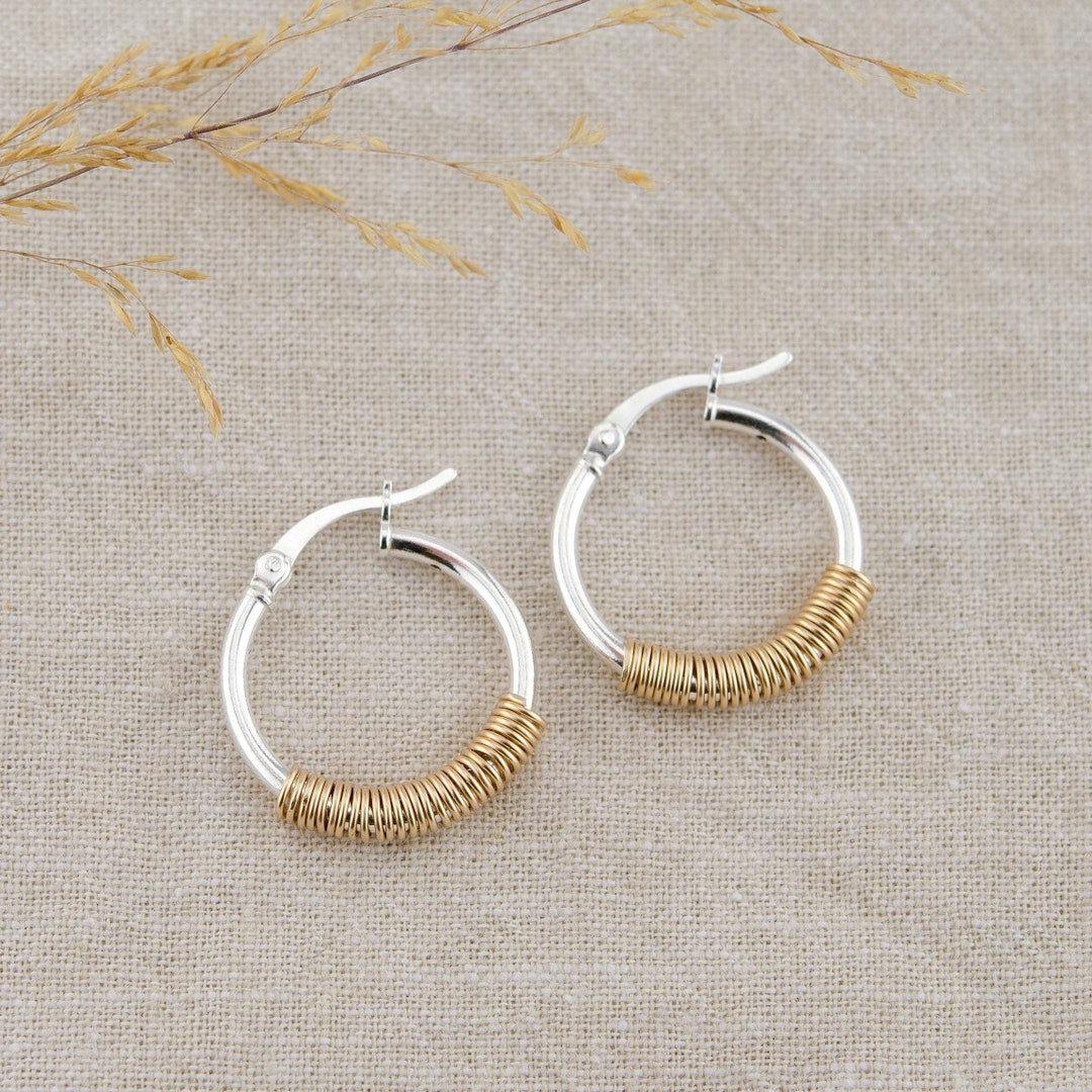 Sterling Silver Hoop Earrings, Handmade Mixed Metal Lever-back Hoops ...
