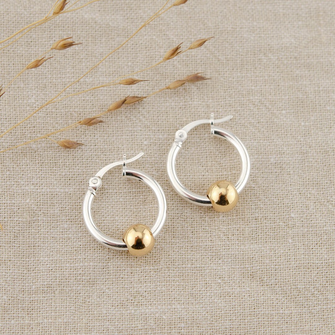 Two Tone Latch Back Hoop Earrings, Gold Bead Hoop Earrings, Everyday ...