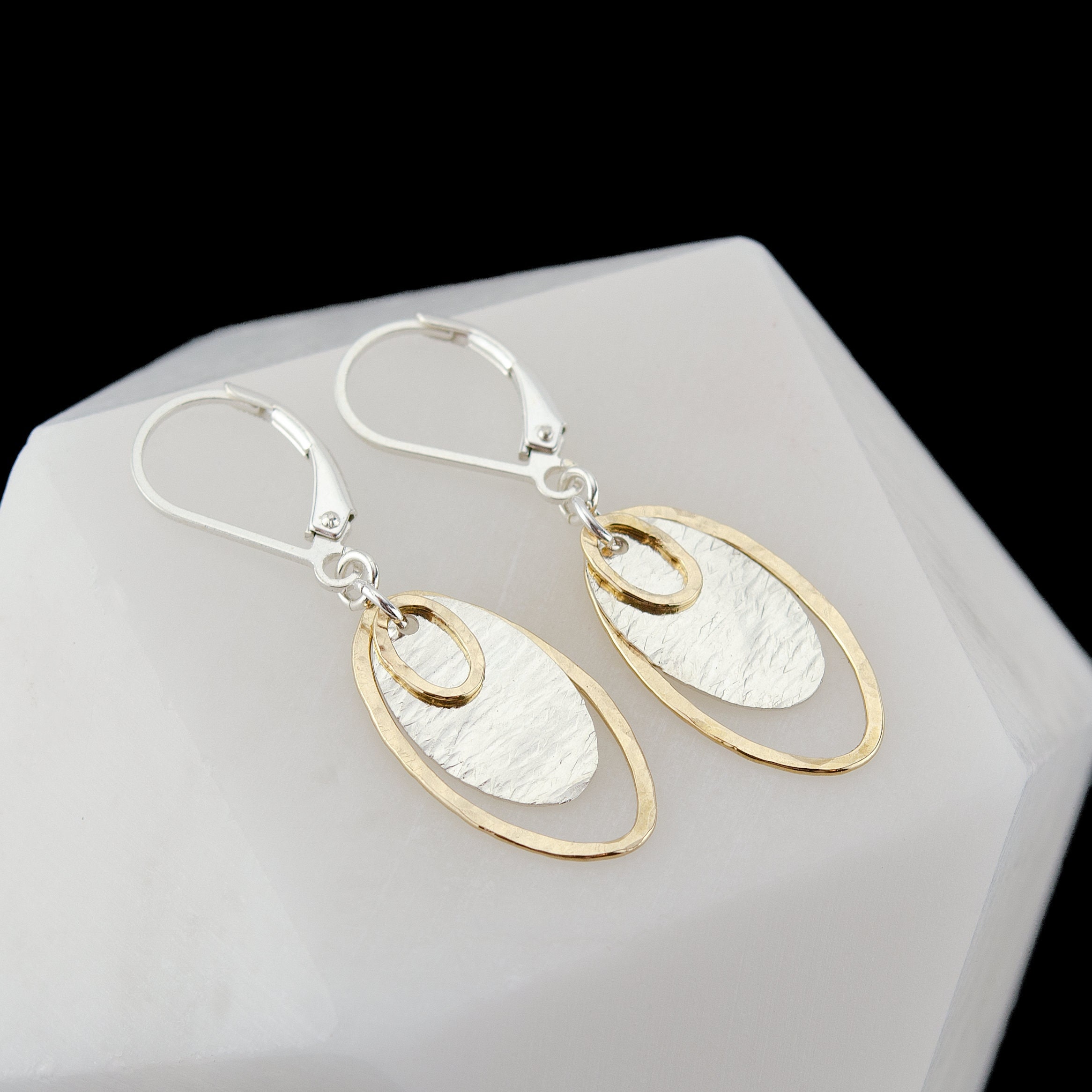 Two Tone Lever-back Earrings Textured Oval Earrings Mixed - Etsy