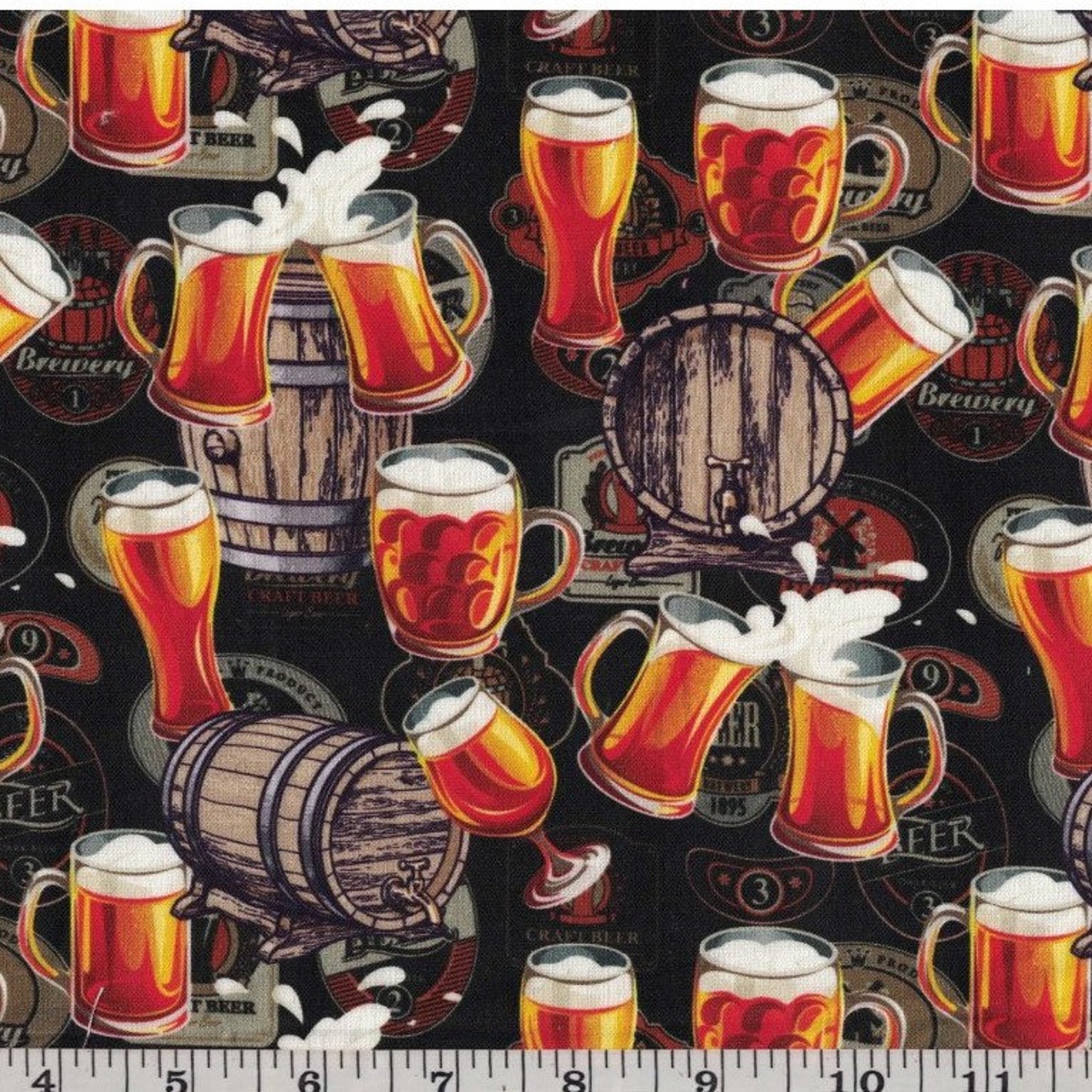 Cheers Fabric, Beer Fabric, Beer & Keg Fabric on Amber, Black and Blue ...