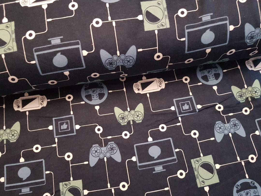 Game Controller Fabric on Navy Blue, FLANNEL Fabric by the Yard, Fabric ...