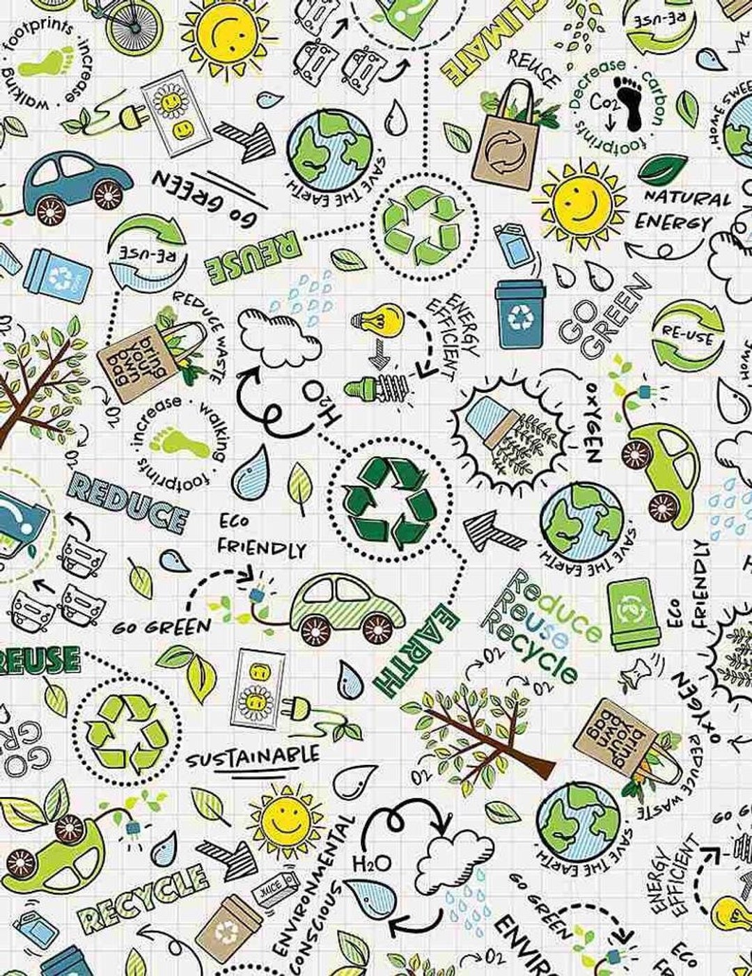 Go Green Fabric by the Yard, Timeless Treasures, Reduce Reuse Recycle ...