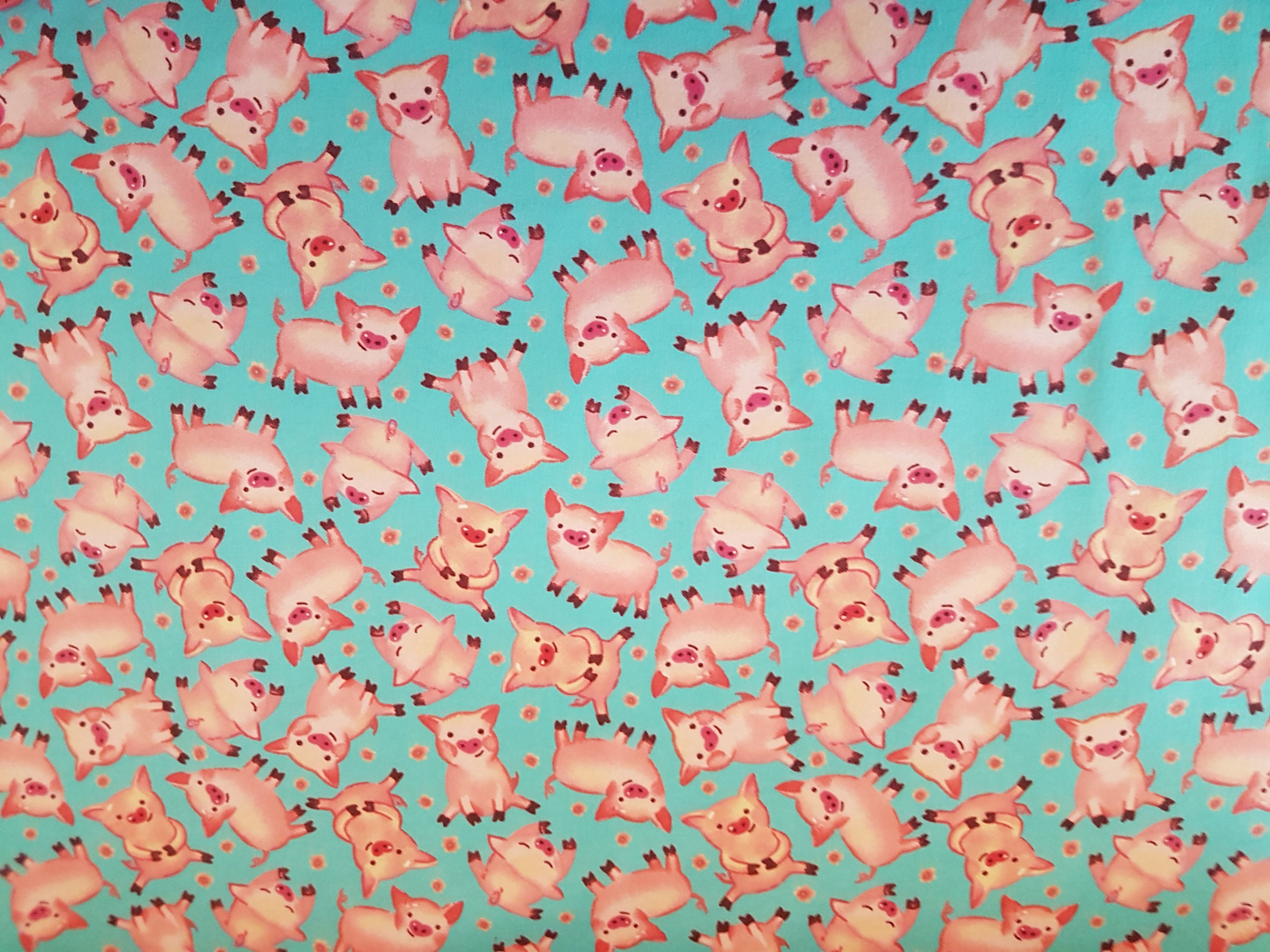 Pink Pig FLANNEL on Teal Fabric by the Yard Fabric by the | Etsy