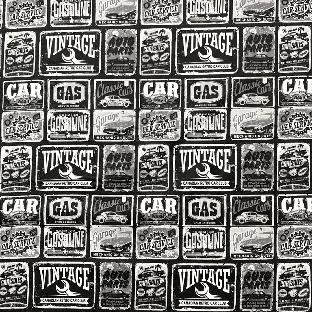 Car Fabric by the Yard, Black Gray Retro Car Signs Fabric - Etsy