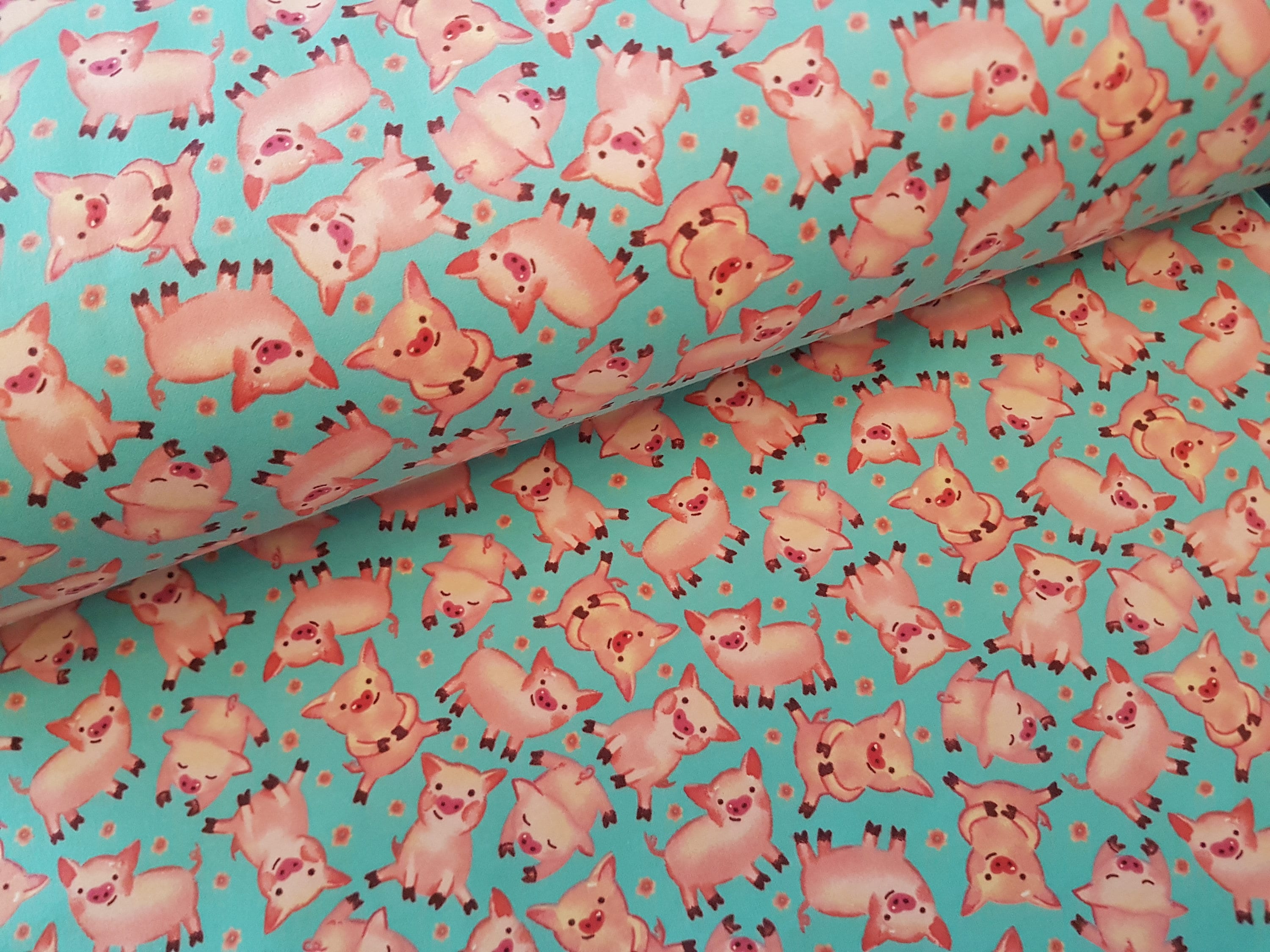 Pink Pig FLANNEL on Teal Fabric by the Yard Fabric by the | Etsy