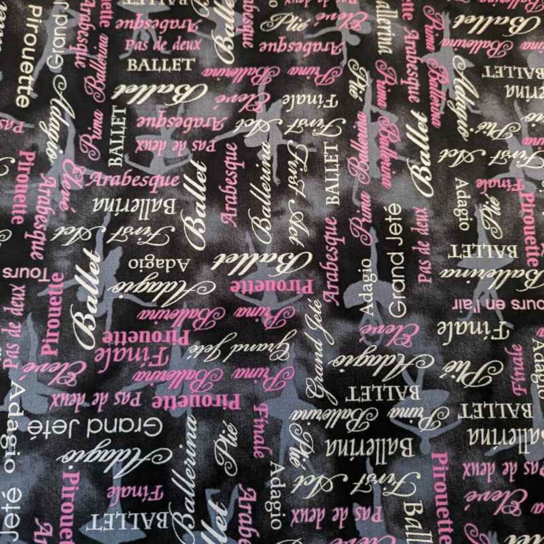 Ballet Fabric by the Yard, Pearl Ballet Words, Text on Black Cotton ...