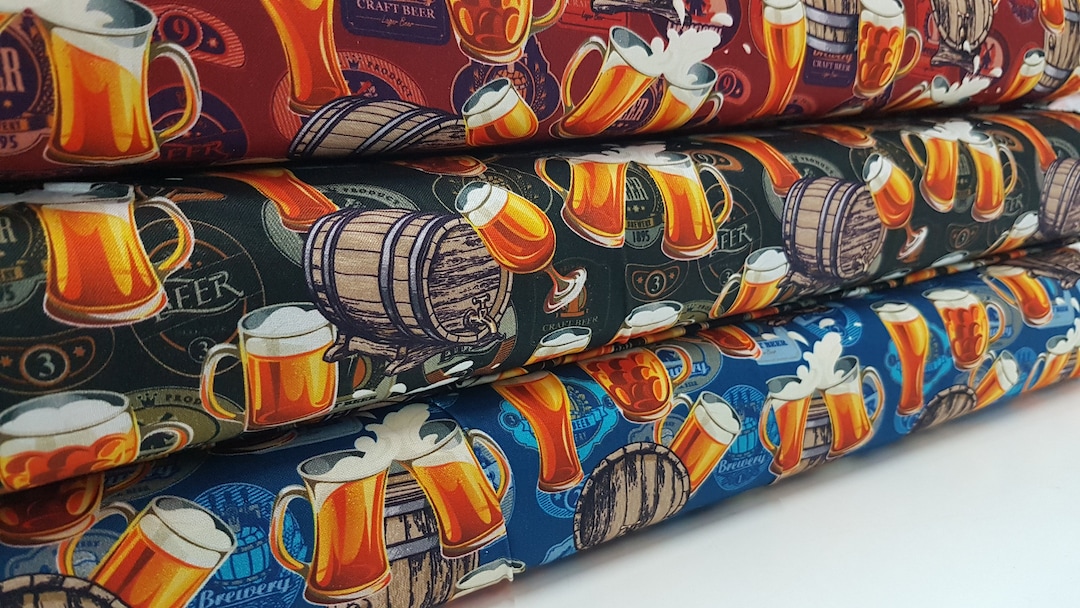 Cheers Fabric, Beer Fabric, Beer & Keg Fabric on Amber, Black and Blue ...