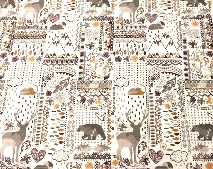 Deer and Bear Flannel Fabric, Woodland Flannel Fabric on a Cream ...