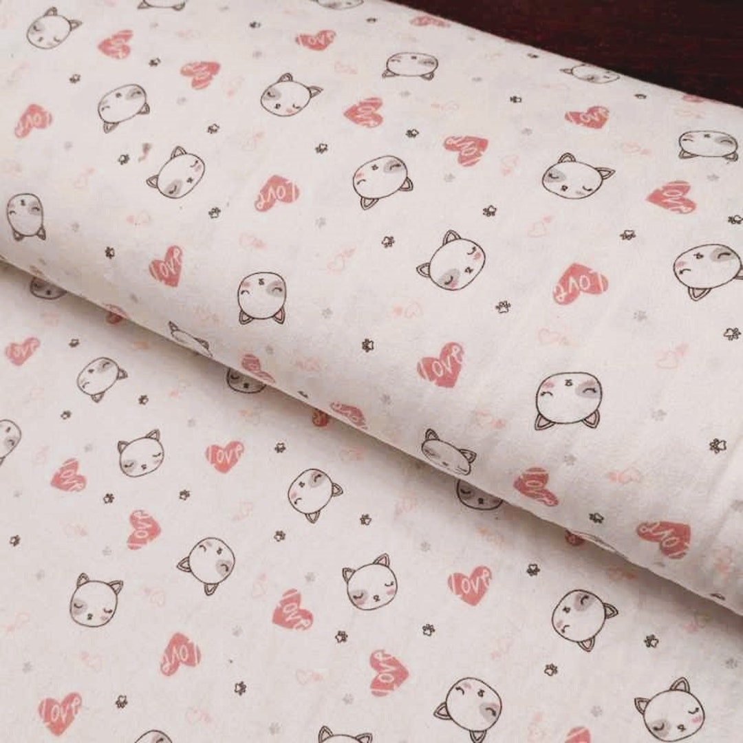 Japanese Cat FLANNEL, Heart Flannel in Pink, Fabric by the Yard, Fabric ...