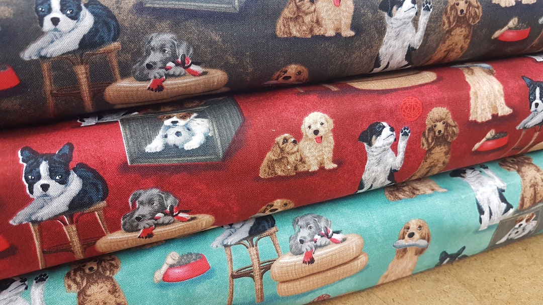 Dog Fabric, Dog Lover Fabric in Brown, Red and Teal, 100% Premium ...