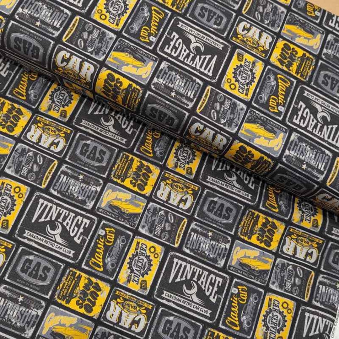 Vintage Car Sign Fabric, Retro Car Signs Fabric, 100% Premium Cotton ...