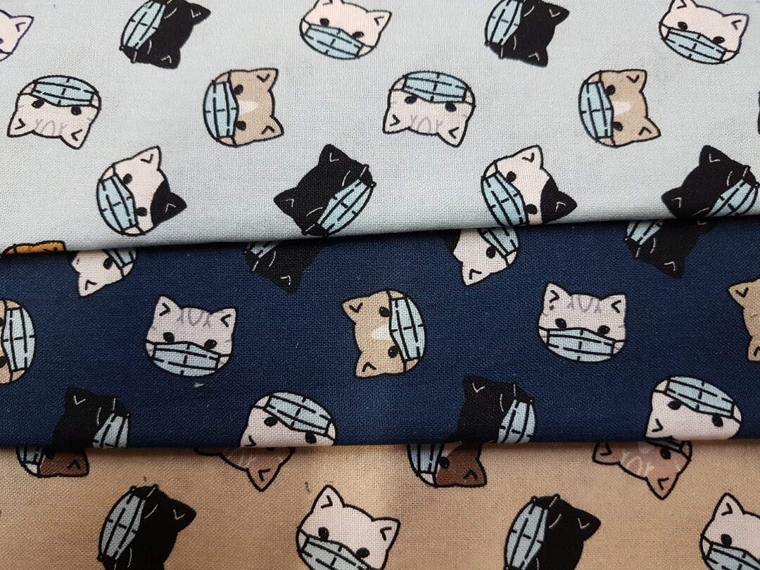 Cat Fabric by the Yard, Toss Masked Cat Fabric in Navy, Light Blue or ...