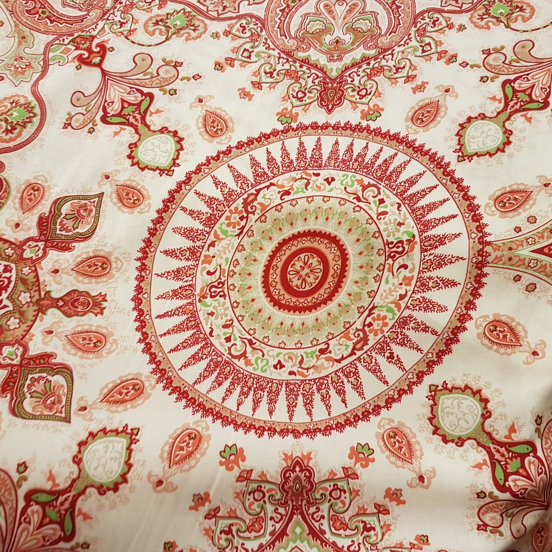 CHALLIS - Red and Light Green Medallion on Cream Fabric (exclusive ...