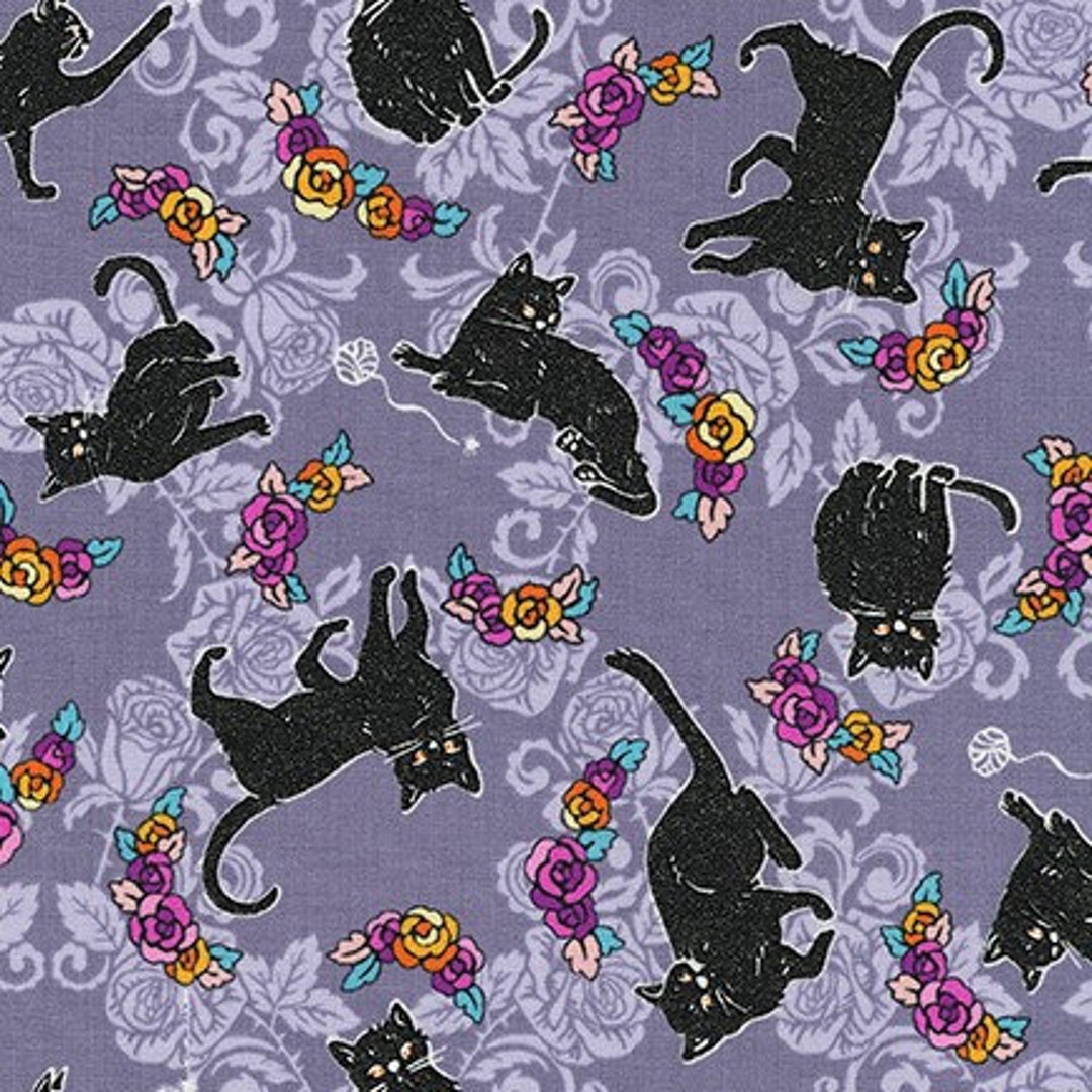 Black Cat Fabric by the Yard, Totally Twilight, Halloween Fabric, Black ...