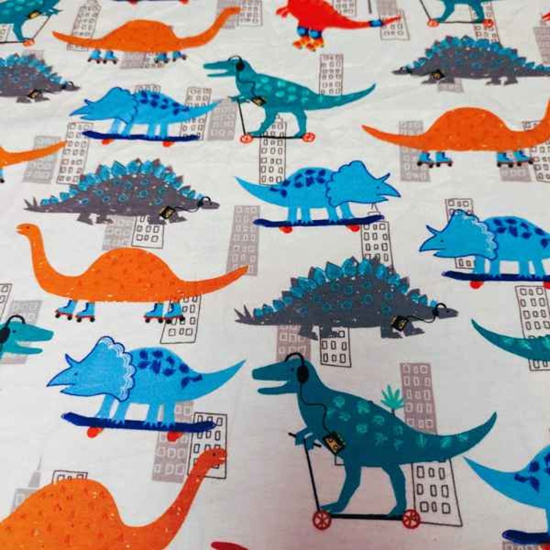 Dinosaur FLANNEL, Rollerblading and Skateboarding Dinosaurs, Fabric by ...