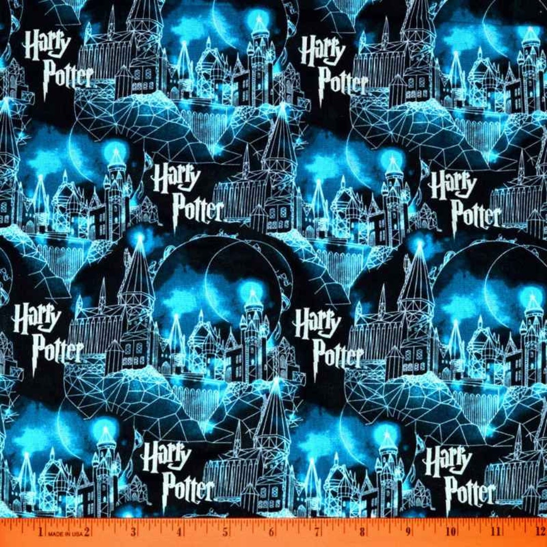Hogwarts School on Aqua and Black, Harry Potter Fabric, Warner Bros., Camelot Fabrics ...