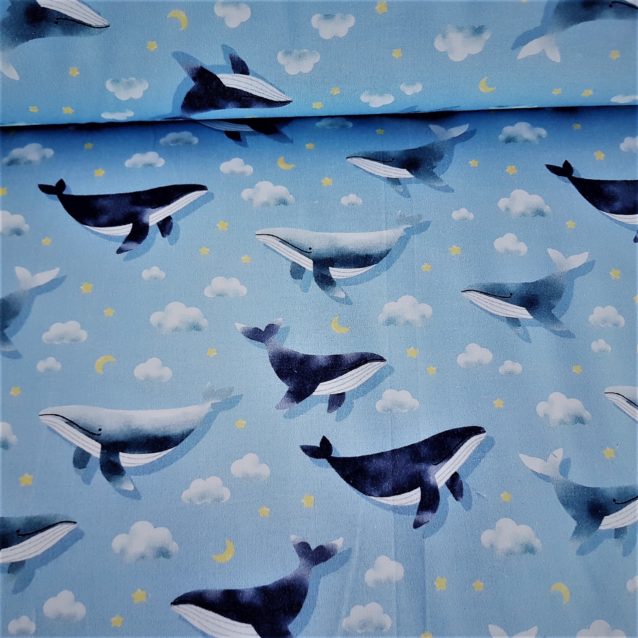 Whale Fabric: Blue Nursery Cotton Fabric With Moon, Stars, and Clouds ...
