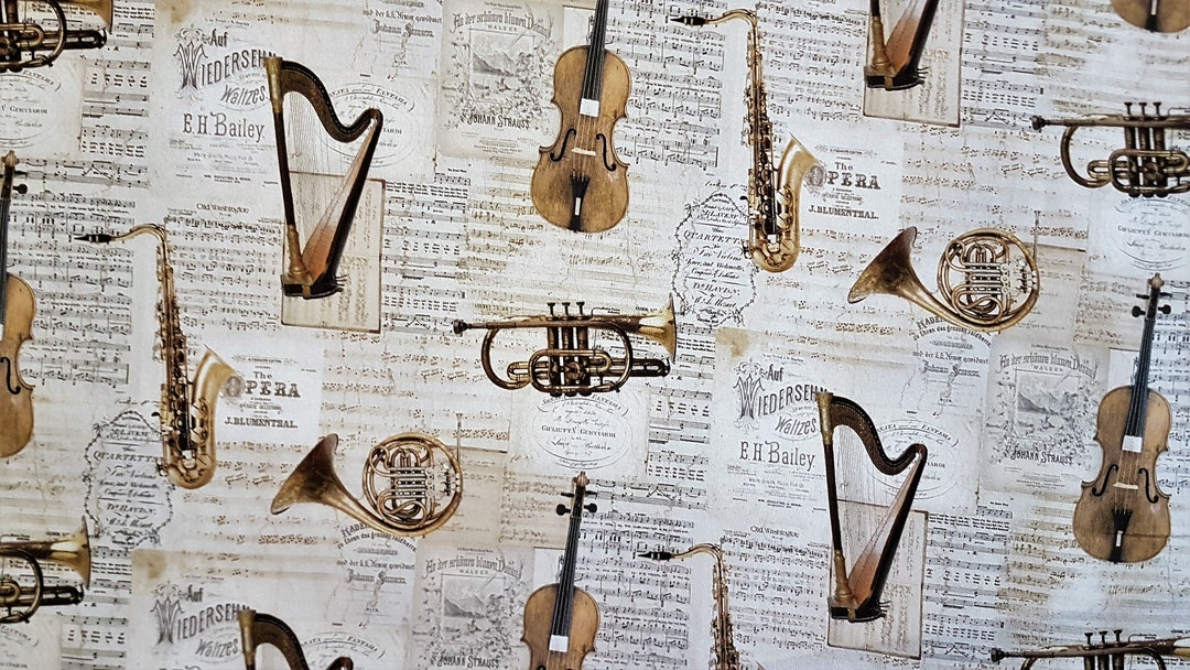 Music Notes Cotton Canvas Fabric: Vintage Instruments Print, Home Decor ...