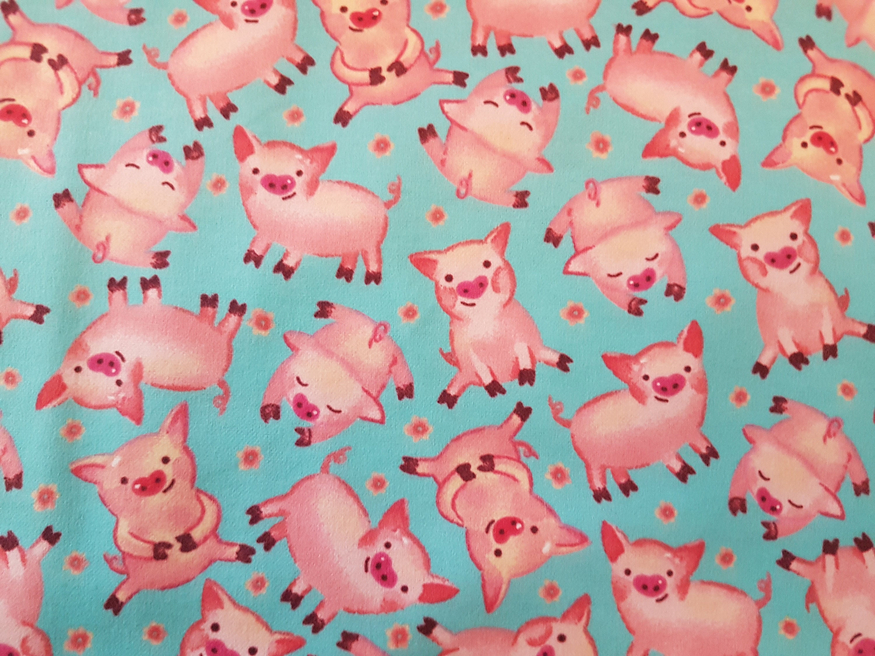 Pink Pig FLANNEL on Teal Fabric by the Yard Fabric by the | Etsy