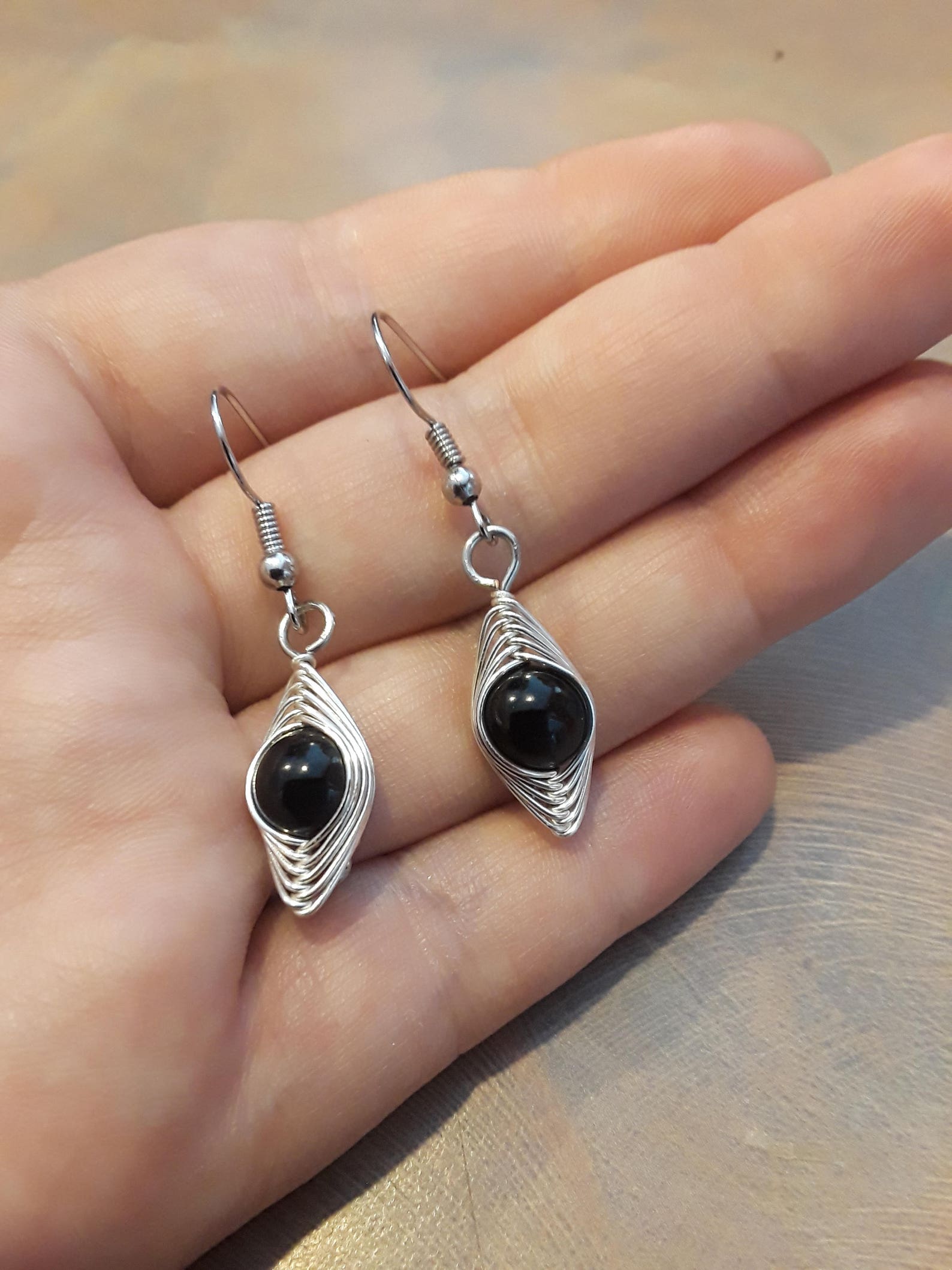 Black Glass Herringbone Wire Wrapped Earrings - Etsy