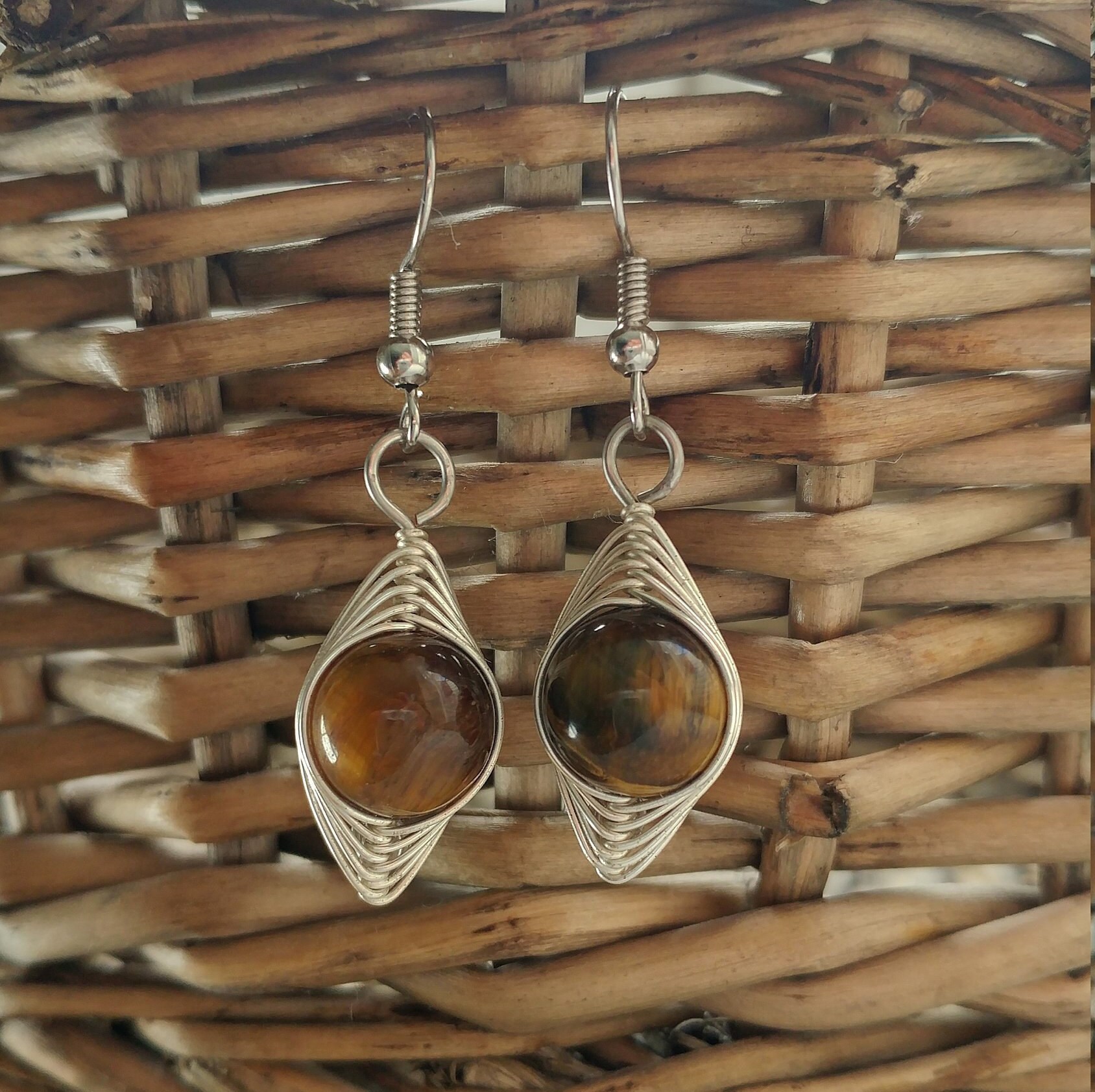 Brown Tiger's Eye Herringbone Wire Wrapped Earrings - Etsy