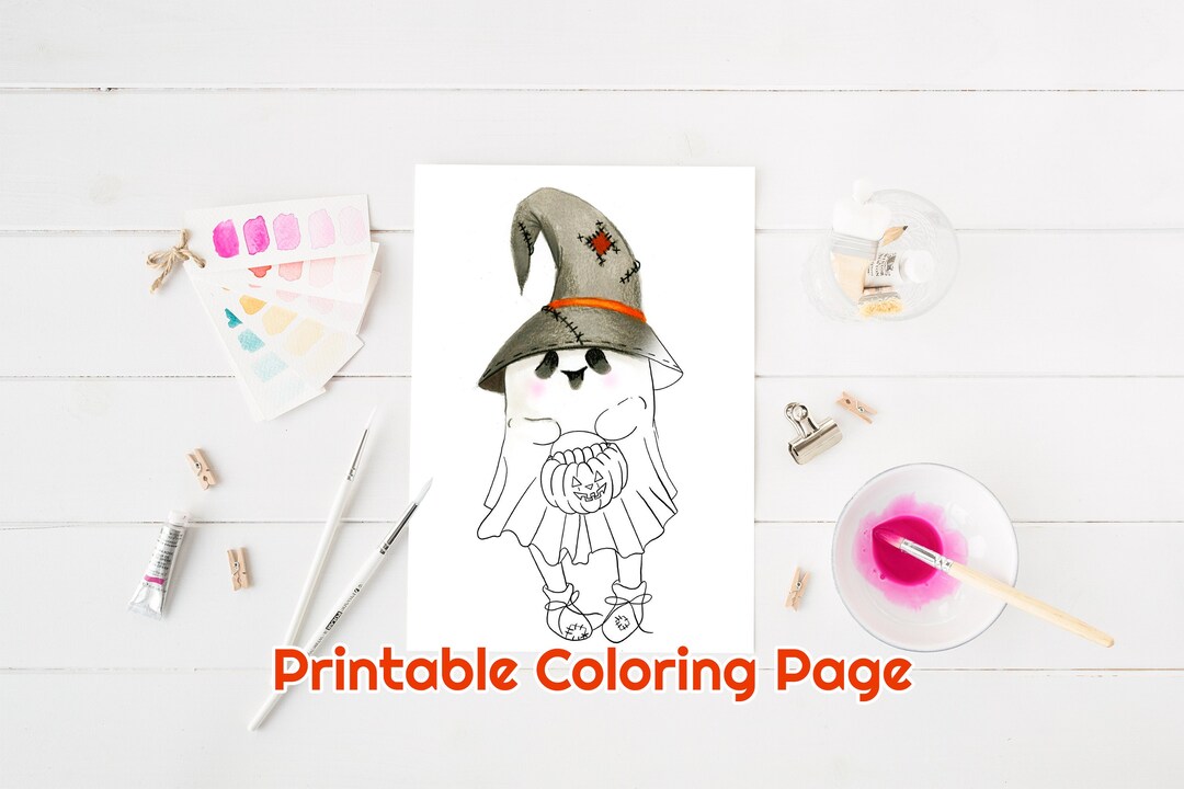 Halloween Coloring Page, Witch Ghost Coloring Page, Party Favors ...