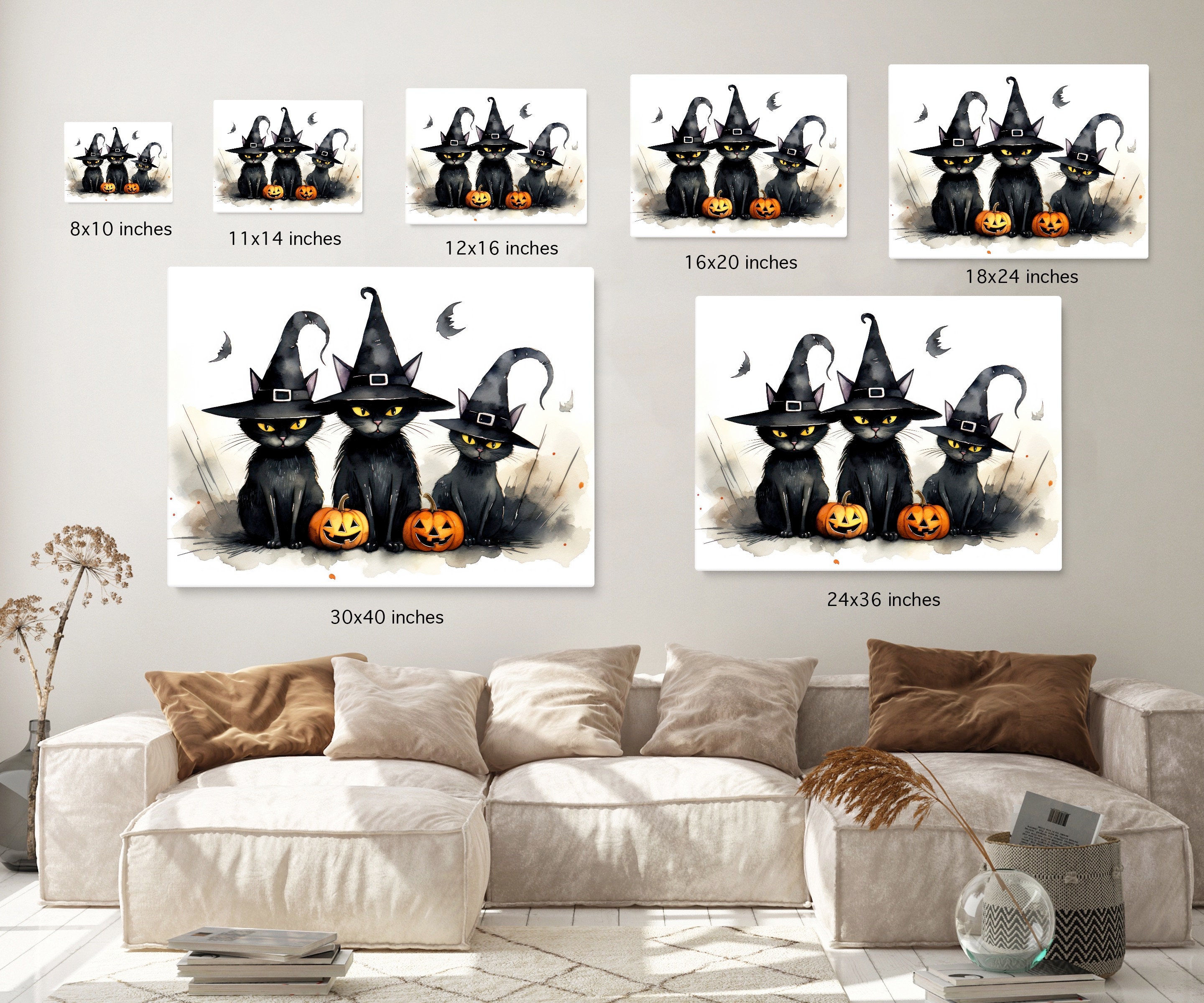 3 Witch Cats Halloween Canvas Print Decor Halloween Home - Etsy