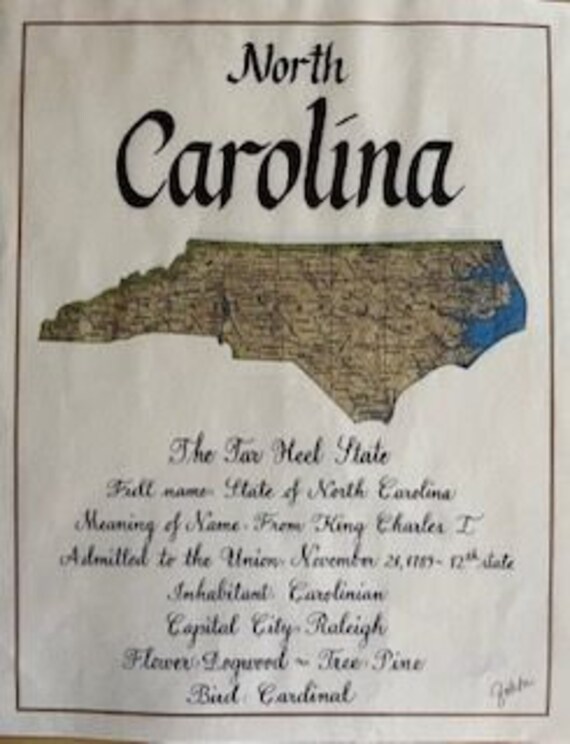 North Carolina state map calligraphy art print | Etsy