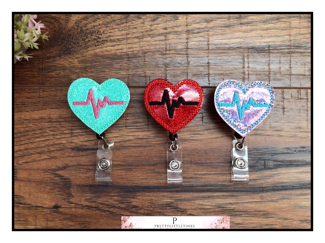 Glitter EKG Heart Badge Reel, ID Badge Reel, Badge Reel, Nurse Badge ...