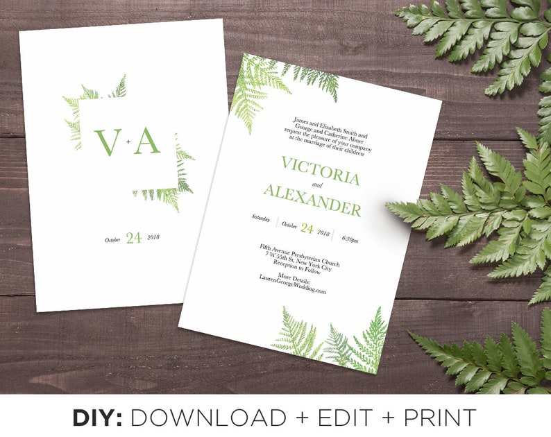 Green Ferns Wedding Invitations, Front and Back, DIY Editable Wedding ...