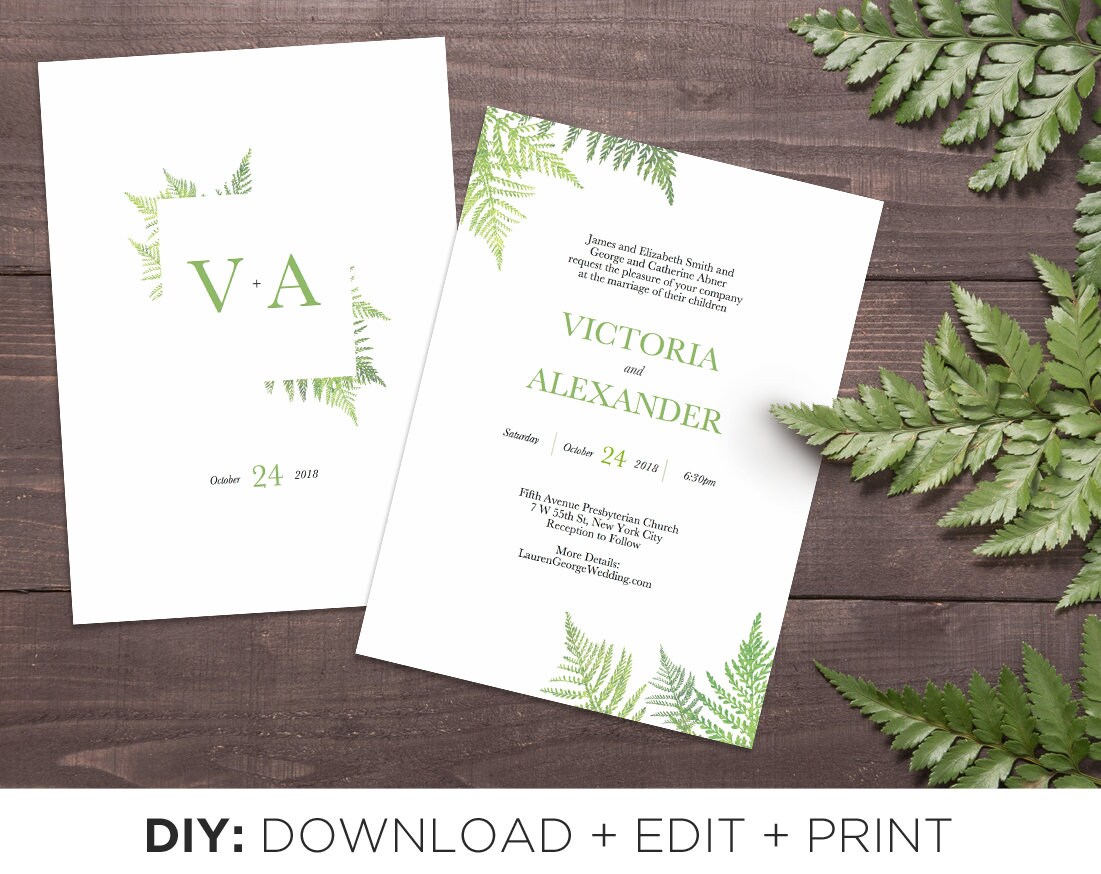 Green Ferns Wedding Invitations, Front and Back, DIY Editable Wedding ...