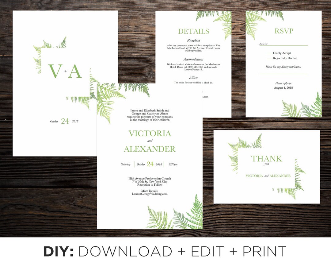 Green Ferns Wedding Invitation Suite, DIY Editable Wedding Invitation ...