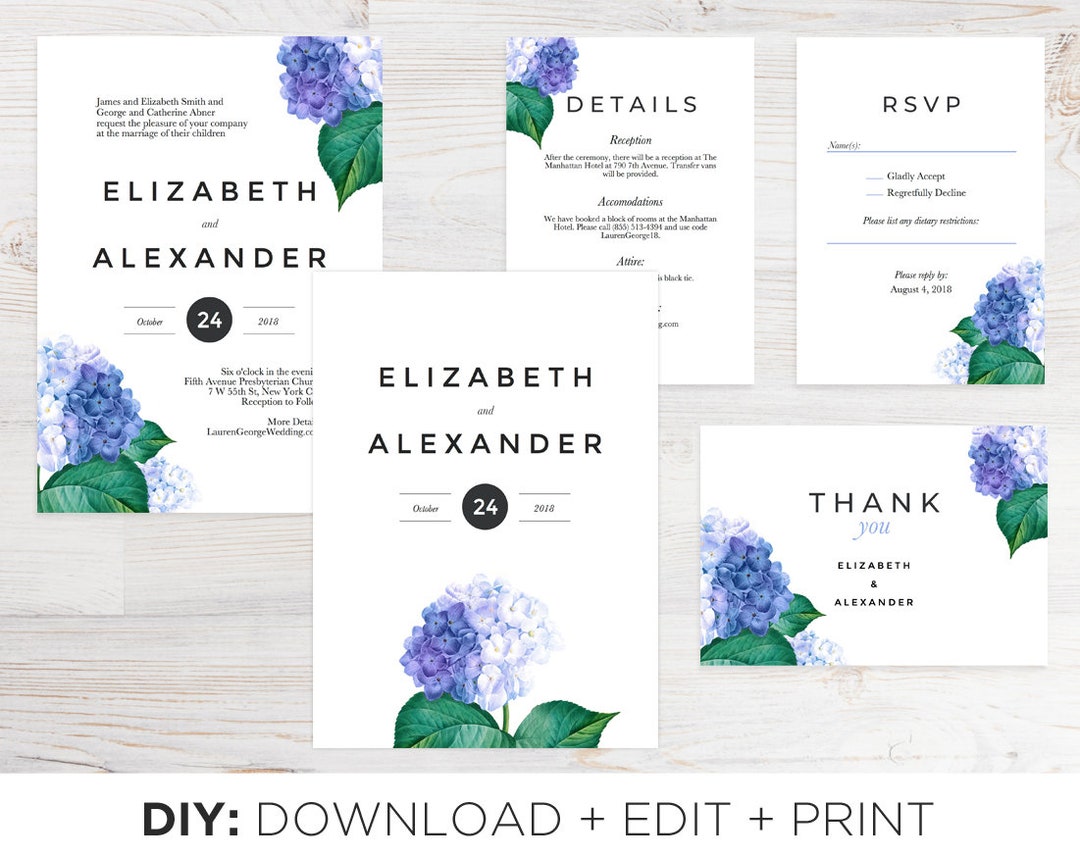 Blue and Purple Hydrangeas Wedding Invitation Suite, DIY Editable ...
