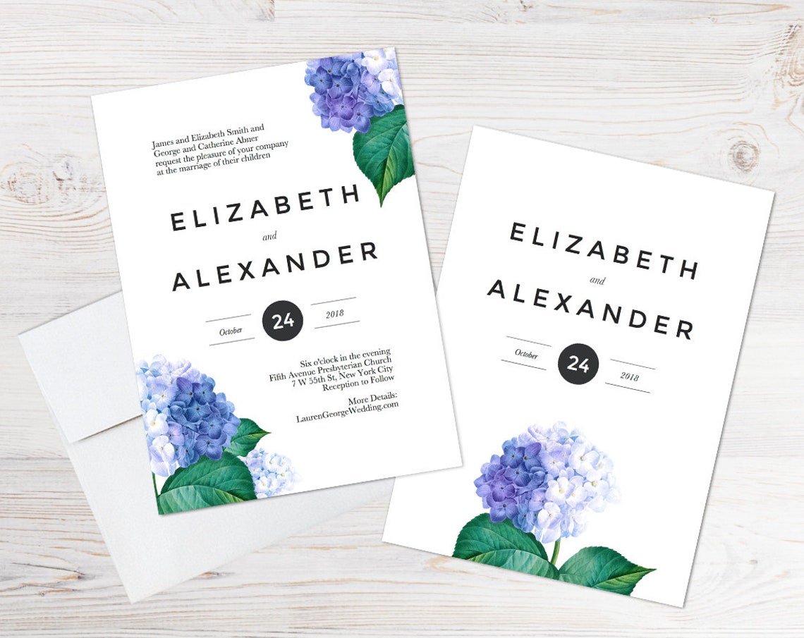 Blue and Purple Hydrangeas Wedding Invitation Suite, DIY Editable ...